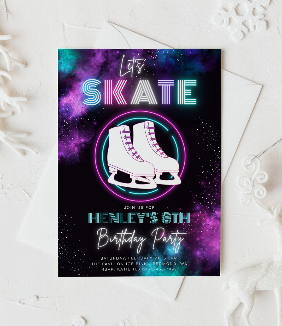 Neon Ice Skating Birthday Invitation, Ice Skating Invitation, Digital ...
