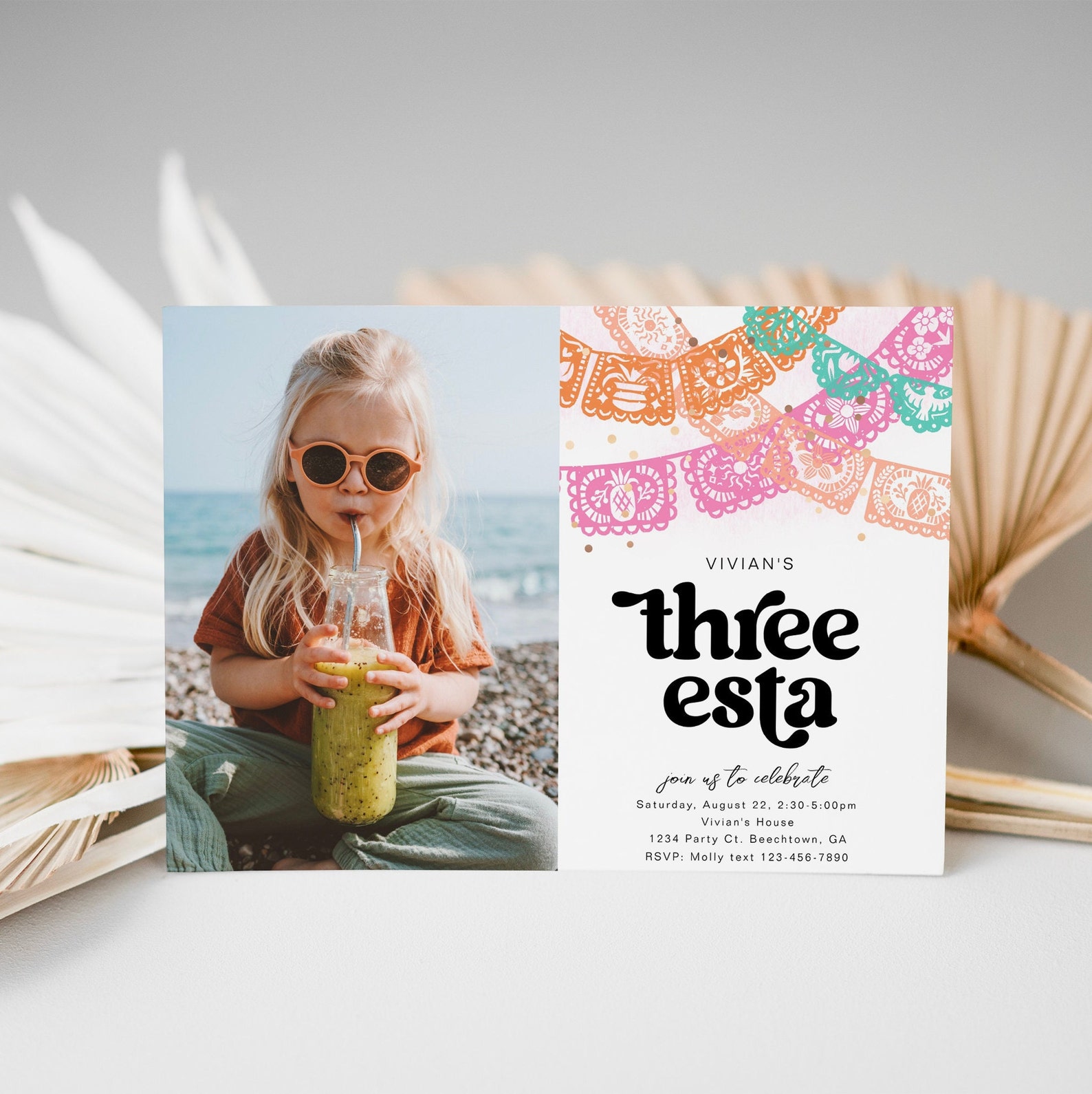 Photo Three Esta Birthday Party Invitation, Third Birthday Fiesta, Pink ...