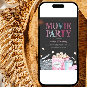 Pink Movie Party Birthday Invitation, Movie Party Invitation, Movie ...