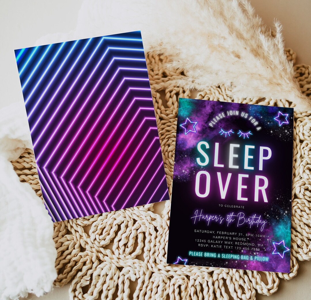 Neon Sleepover Invitation, Neon Sleepover Birthday Invitation, Digital ...