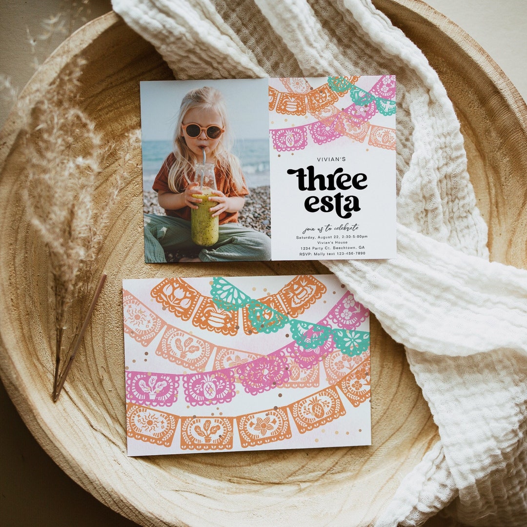 Photo Three Esta Birthday Party Invitation, Third Birthday Fiesta, Pink ...