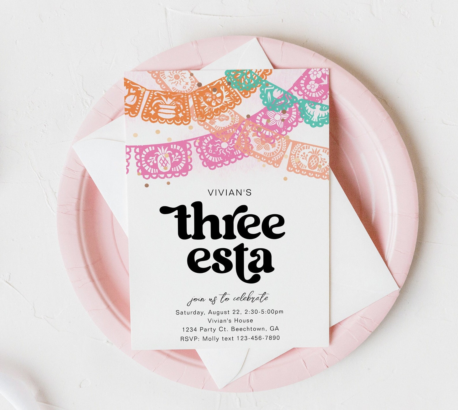 Three Esta Birthday Party Invitation, Third Birthday Fiesta, Pink ...