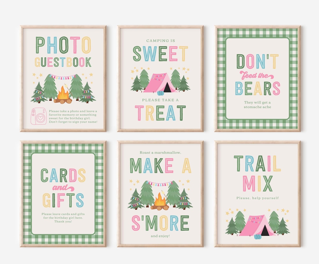Girl's Camping Sign Bundle, Glamping Party Signs, Pink Camping Party ...