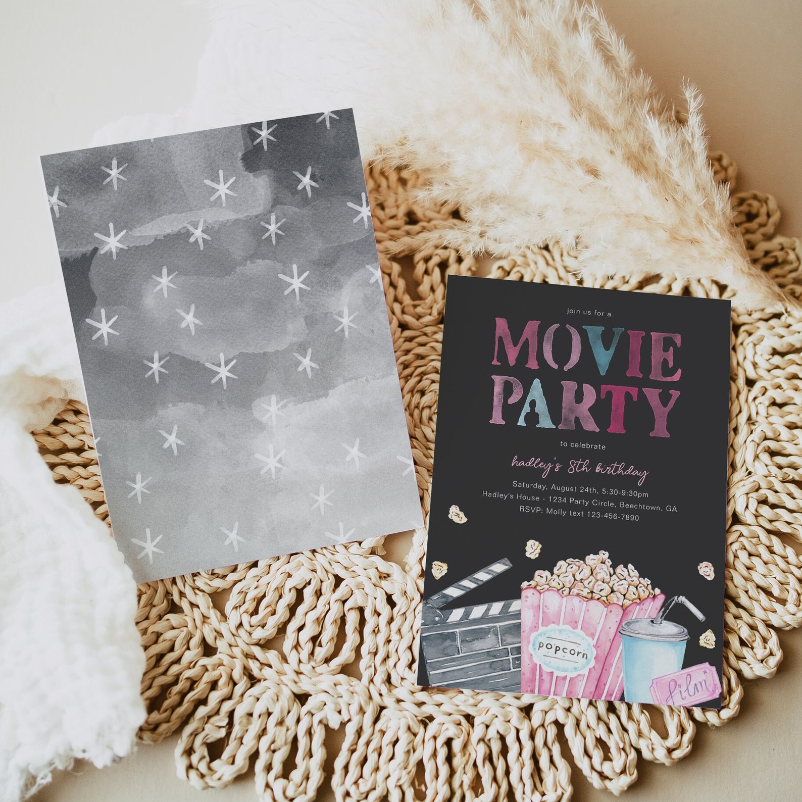 Pink Movie Party Birthday Invitation, Movie Party Invitation, Movie ...