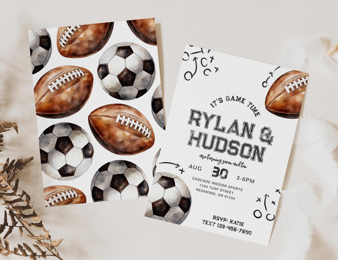 Joint Sports Birthday Invitation, Football & Soccer Invitation, Sibling ...