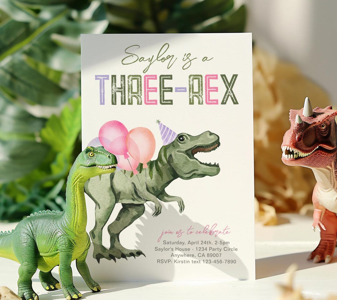 Girl's Three-rex Birthday Invitation, Girl's Dino 3rd Birthday ...