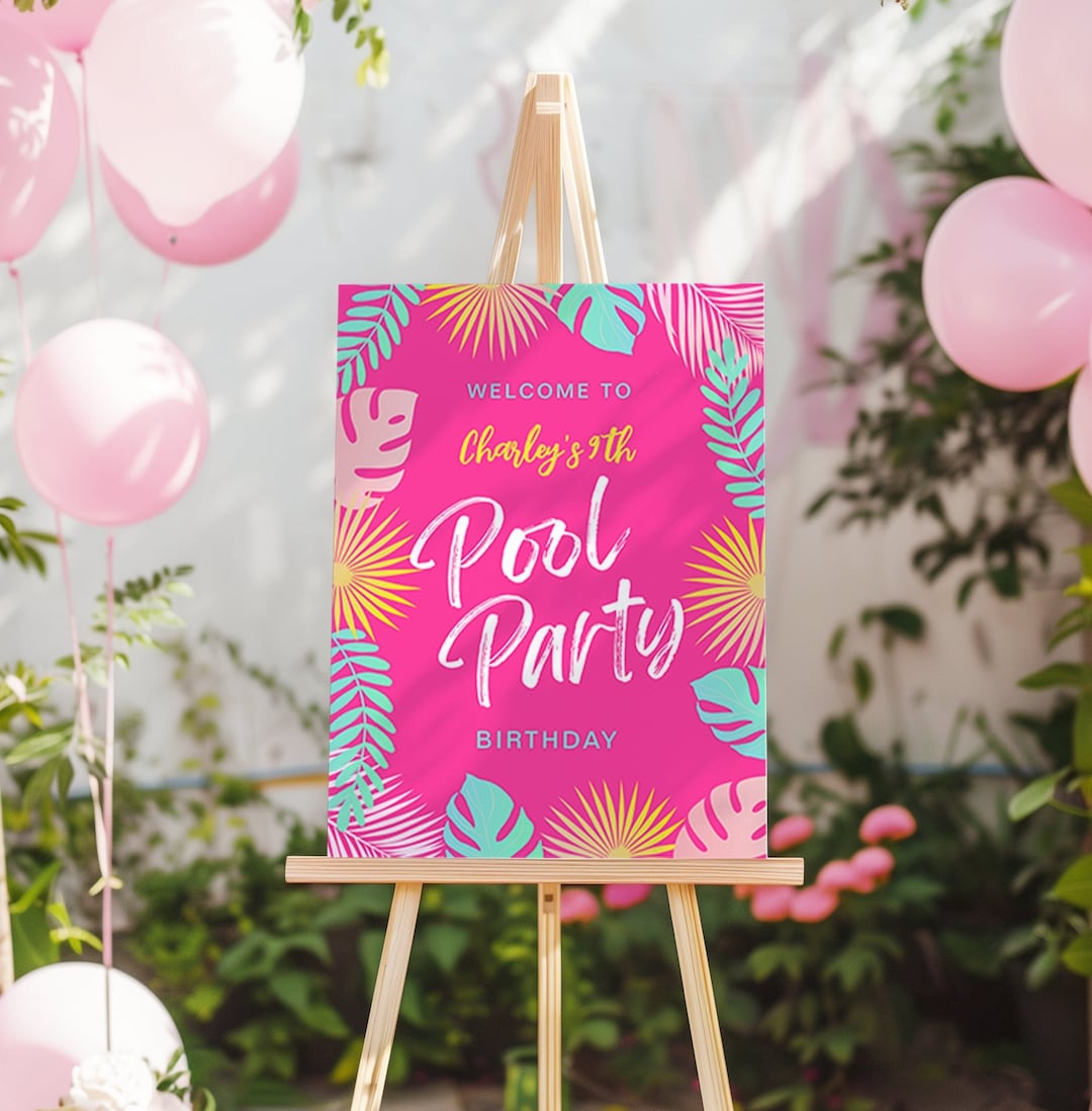 18x24 Hot Pink Pool Party Welcome Sign, Girl's Pool Party Welcome Sign ...