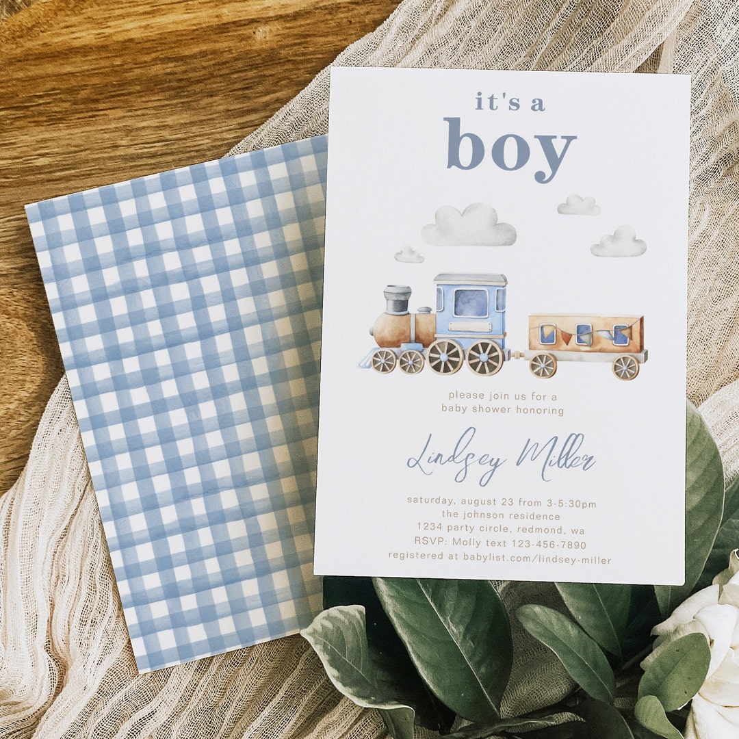 Train Baby Shower Invitation, Watercolor Train Baby Shower, Blue Train ...