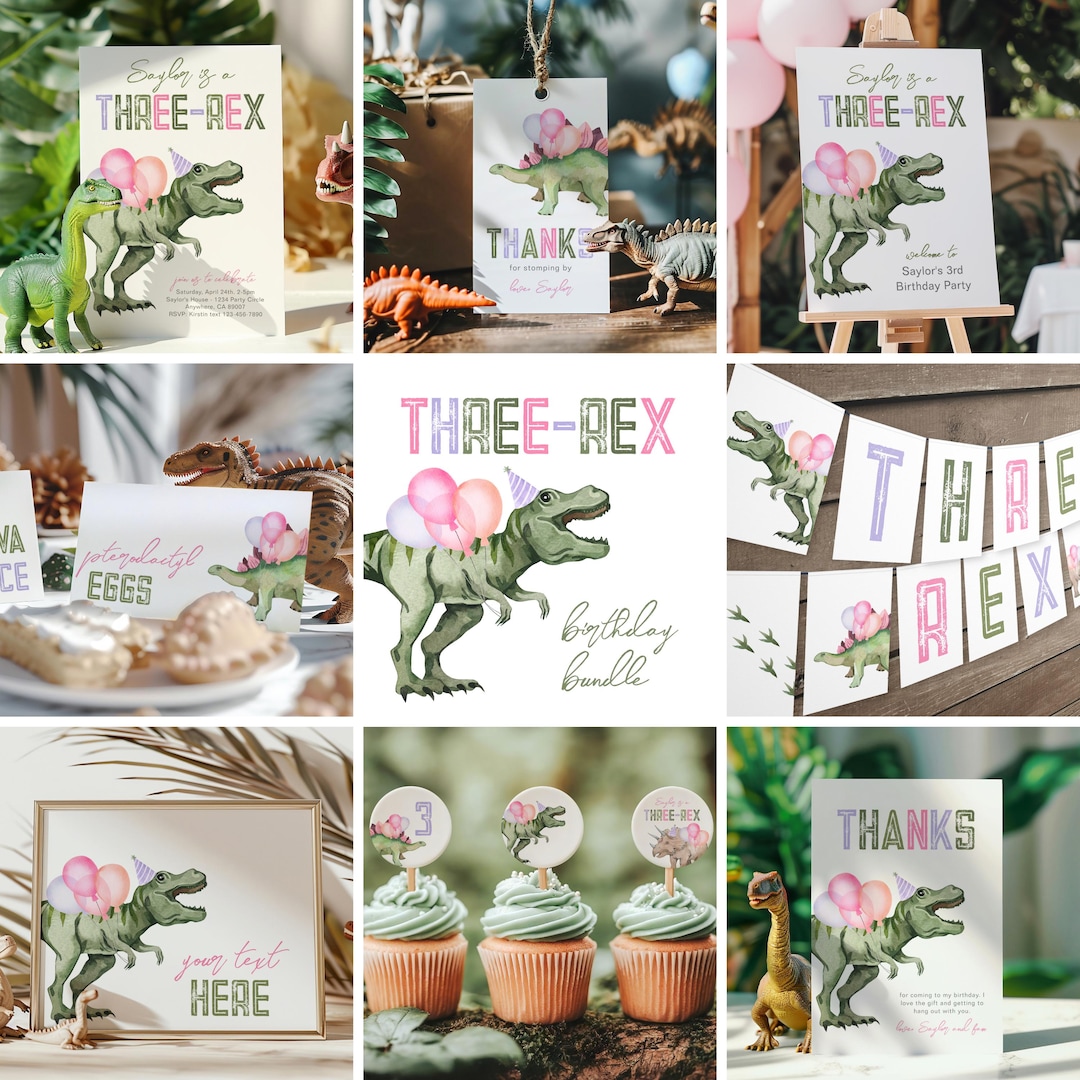 Three-rex Birthday Bundle, Dinosaur Birthday Bundle, Printable Dinosaur ...