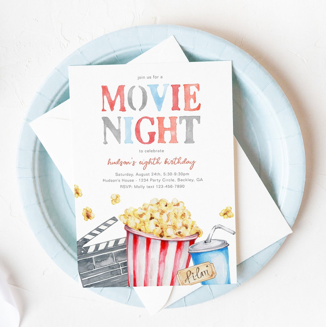 Movie Night Birthday Invitation, Movie Night Invitation, Movie Birthday ...