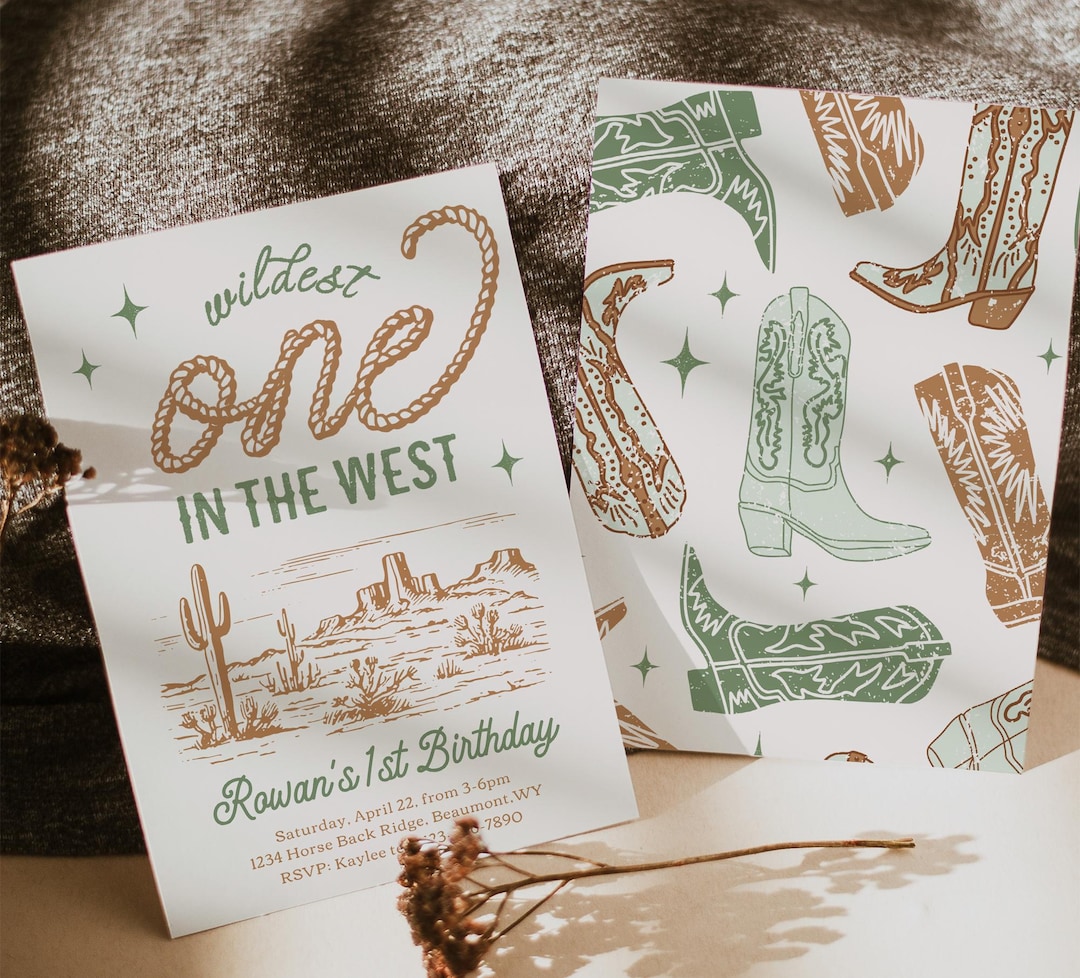 Green Wildest One in the West Invitation, Green Western First Birthday ...