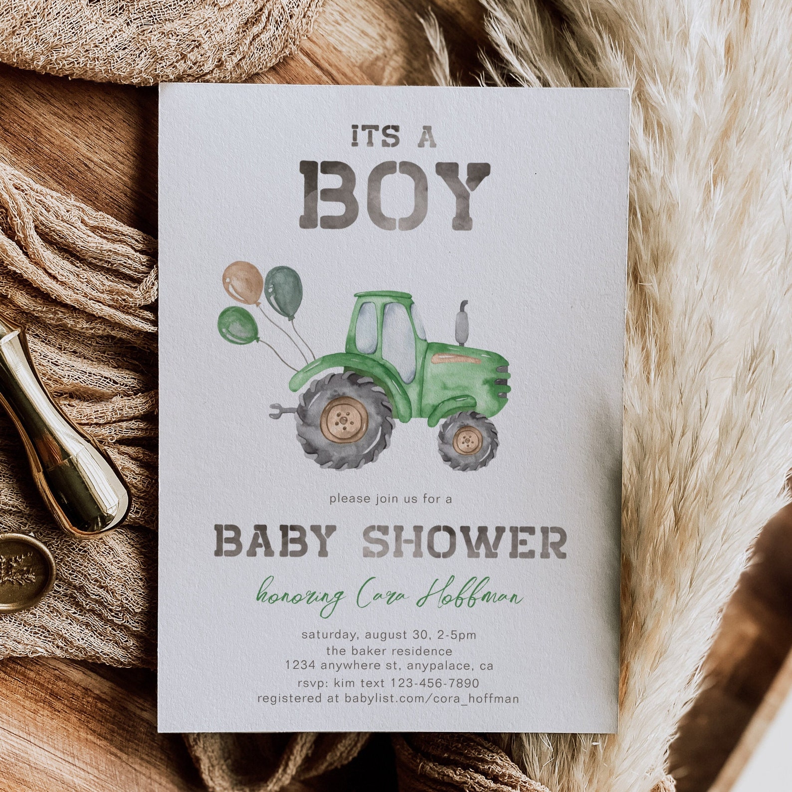 Tractor Baby Shower Invitation, Watercolor Tractor Baby Shower, Green ...