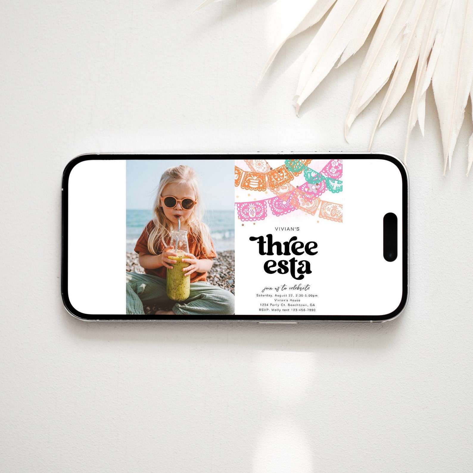 Photo Three Esta Birthday Party Invitation, Third Birthday Fiesta, Pink ...