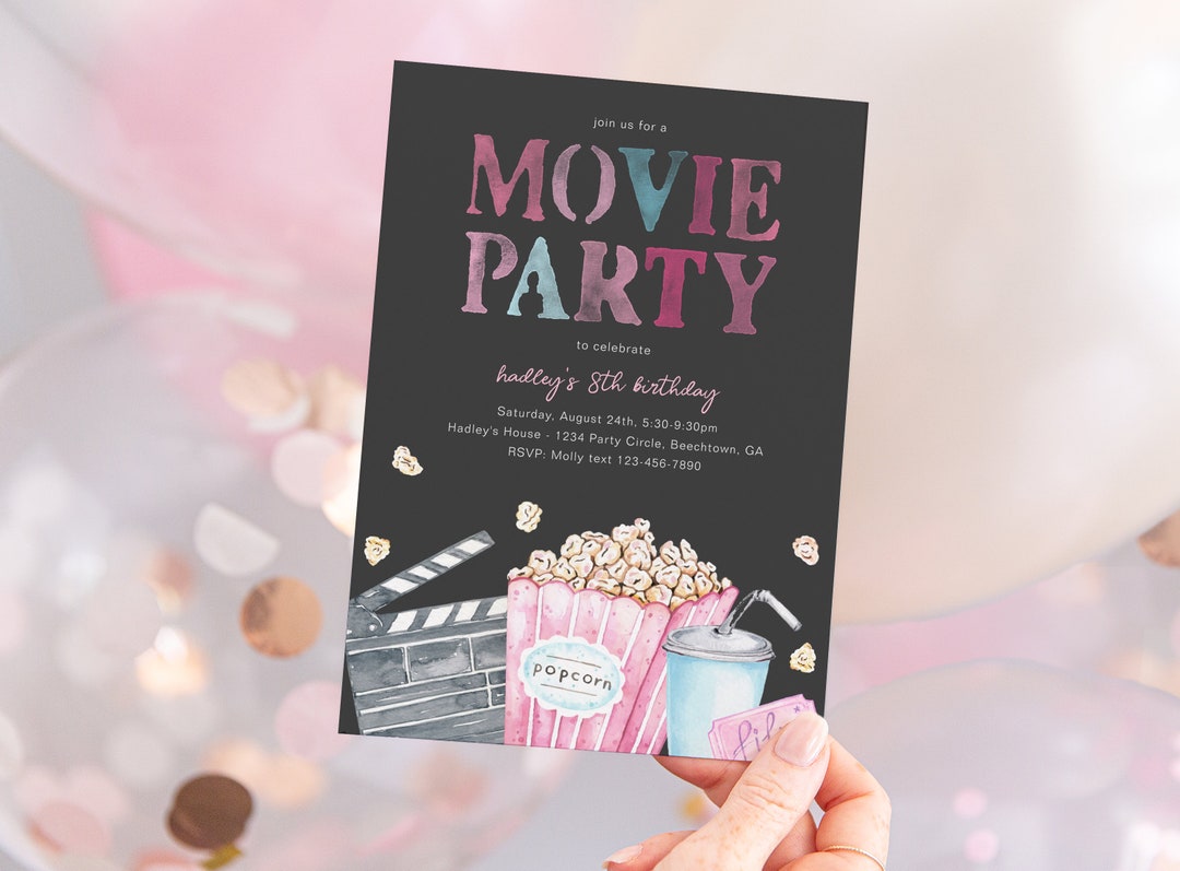 Pink Movie Party Birthday Invitation, Movie Party Invitation, Movie ...