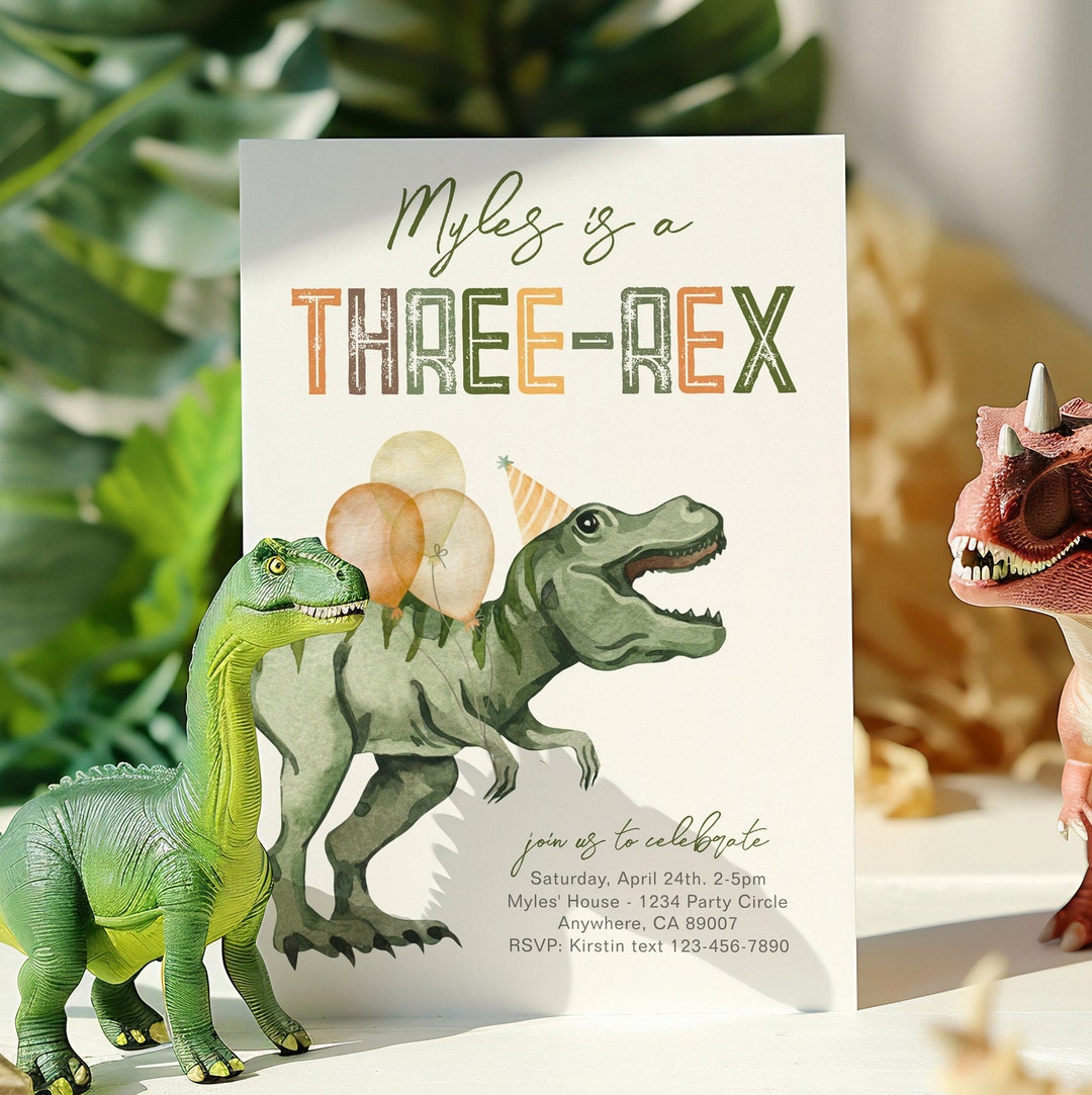 Digital Three-rex Dinosaur Birthday Invite, Dino Birthday Invitation ...