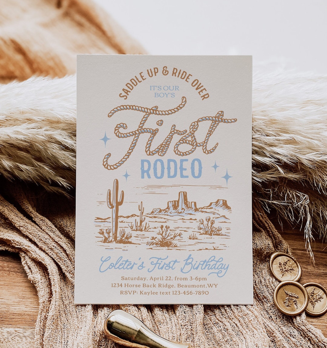 First Rodeo Birthday Invitation, Cowboy Birthday Invitation, Blue ...