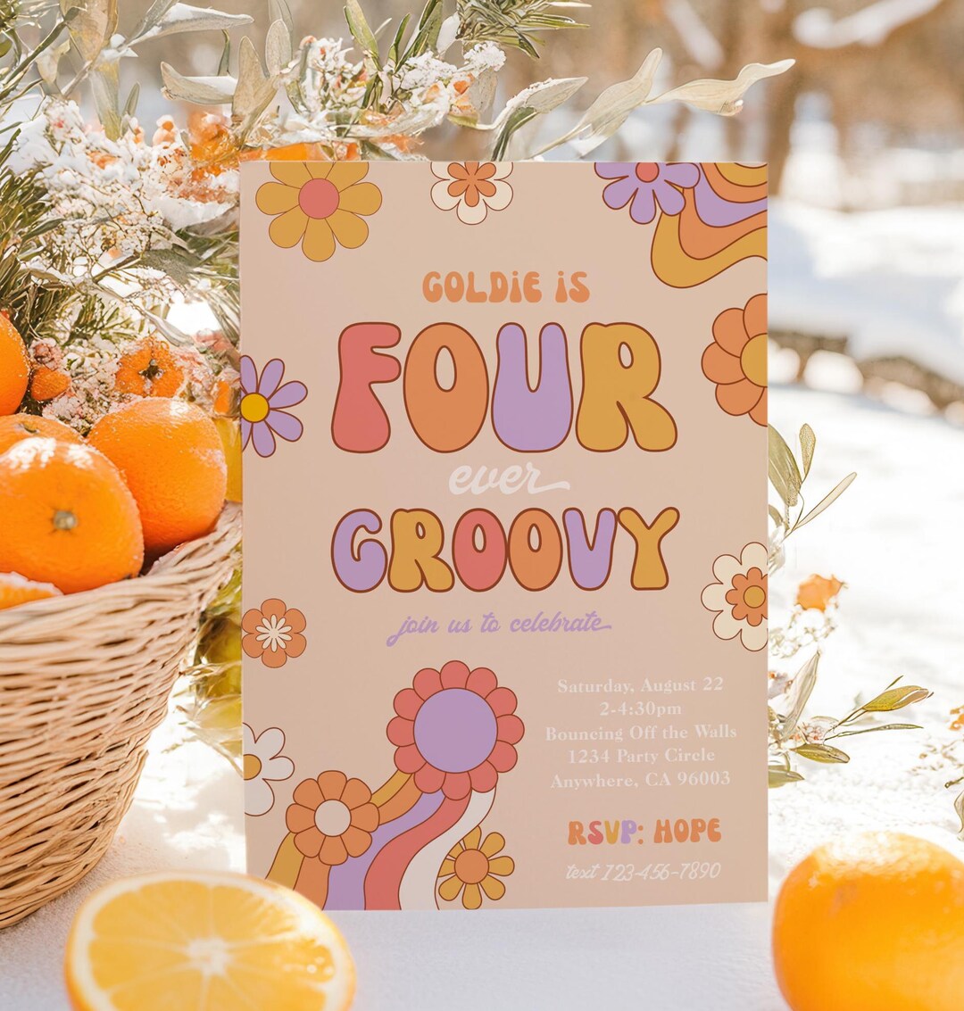 Four Ever Groovy Birthday Invitation, Groovy 4th Birthday Invitations ...