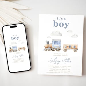 Train Baby Shower Invitation, Watercolor Train Baby Shower, Blue Train ...