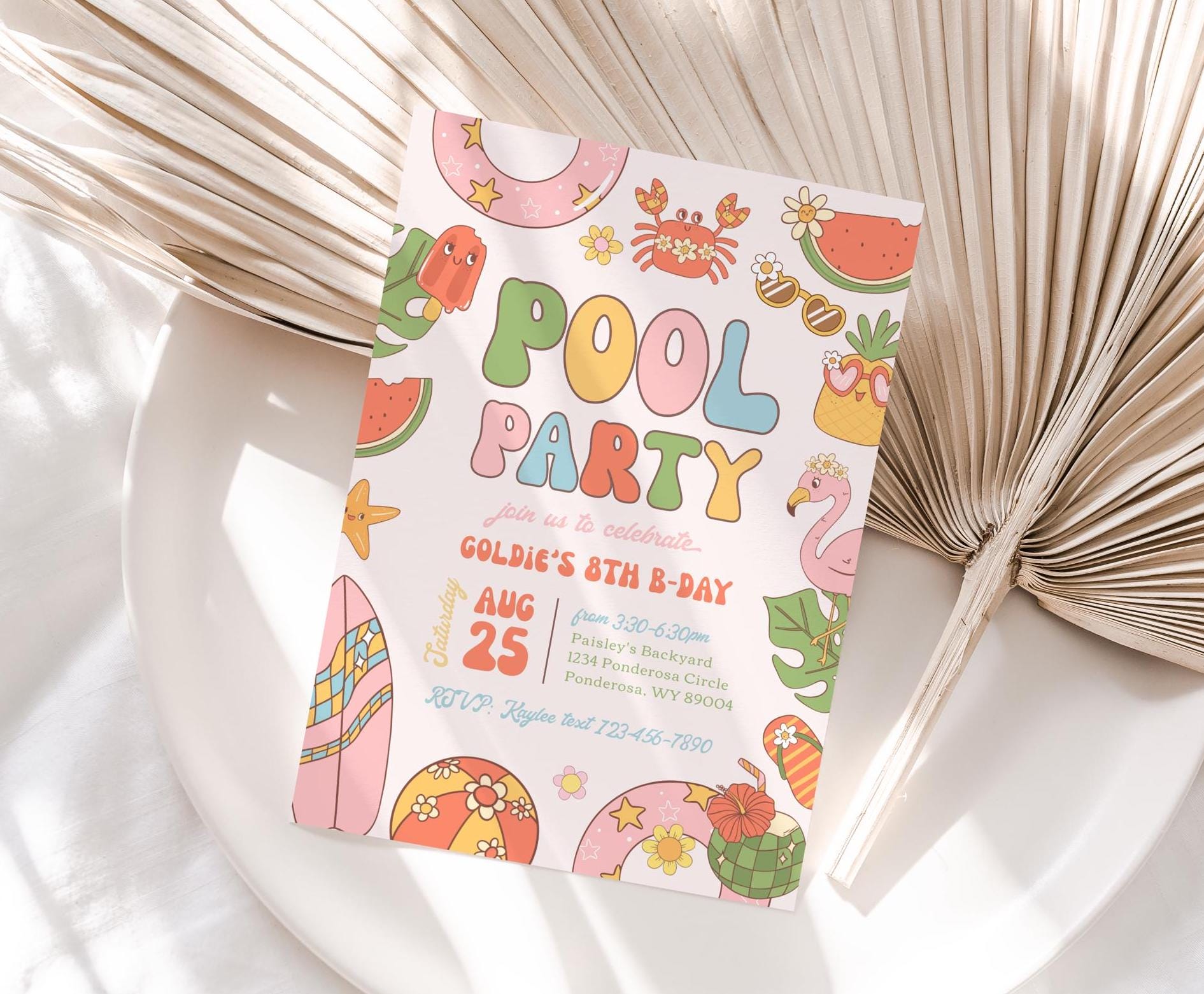 Retro Pool Party Invitation, Groovy Pool Birthday Invitation, Summer ...
