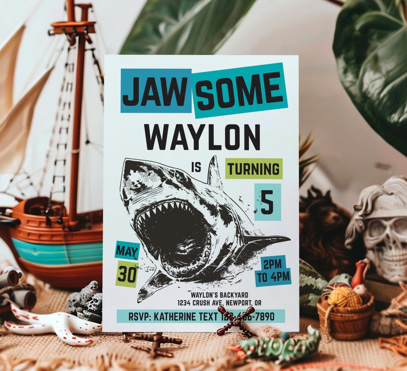 Jaw-some Shark Birthday Invitation, Shark Birthday Invitation, Shark ...