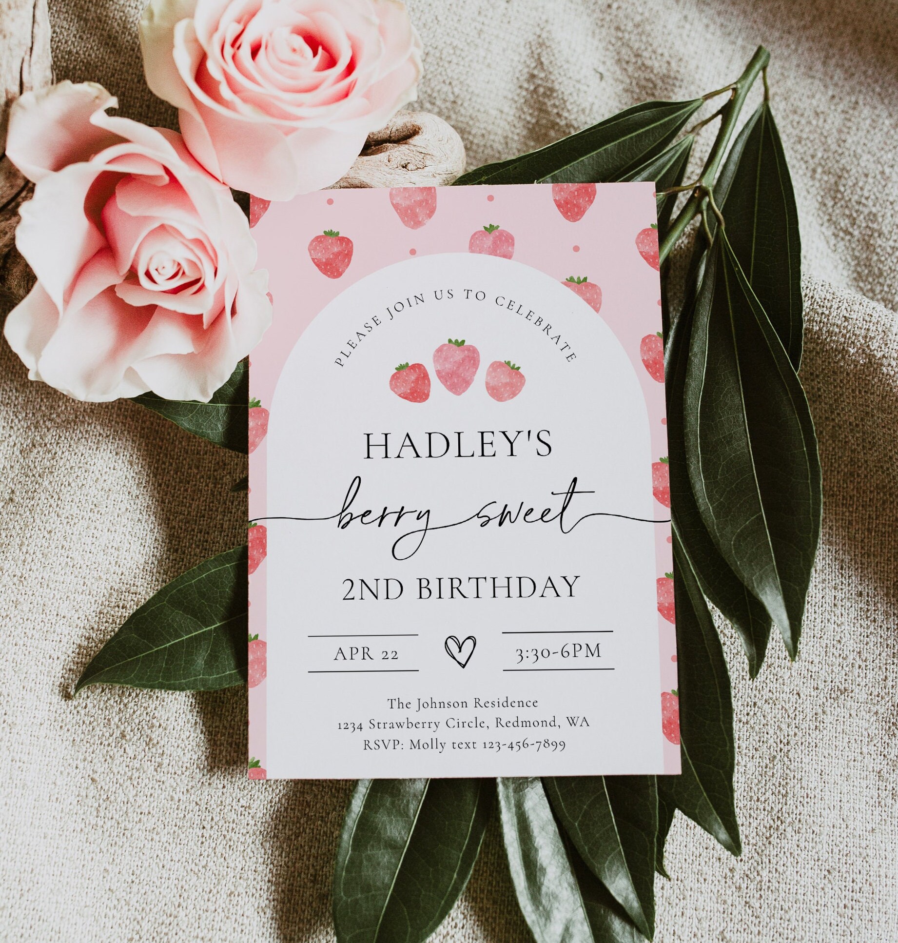 Watercolor Strawberry Birthday Invitation, Digital Strawberry ...