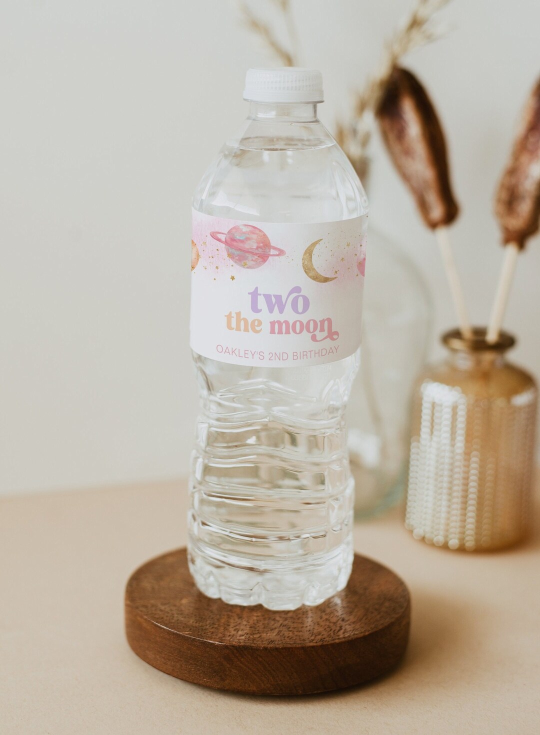 Two the Moon Water Bottle Labels, Girl's 2nd Space Birthday, Digital ...