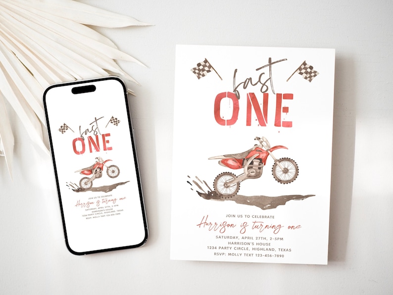 Fast One Dirt Bike Birthday Invitation Red Dirt Bike First - Etsy