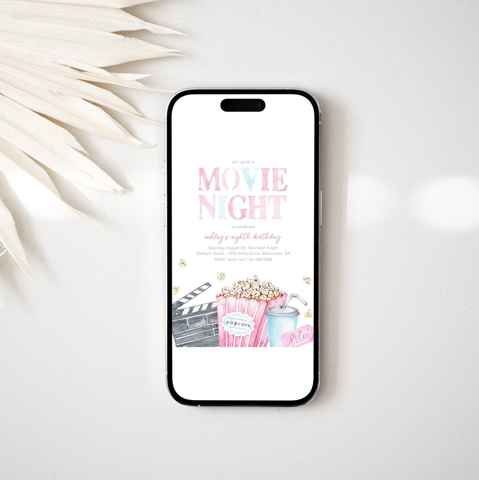 Pink Movie Night Birthday Invitation, Movie Night Invitation, Movie ...