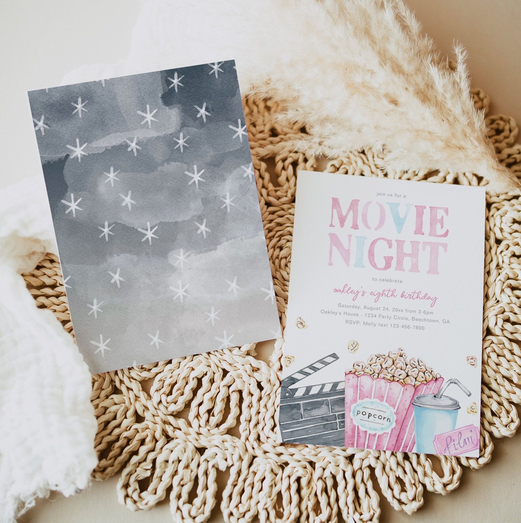 Pink Movie Night Birthday Invitation, Movie Night Invitation, Movie ...