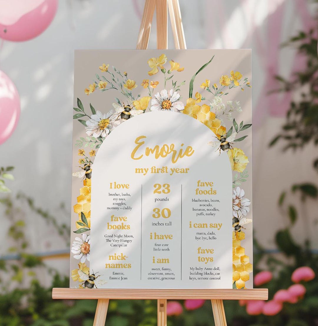 Bee Birthday Milestone Poster, Bee First Birthday Poster, Bee First ...