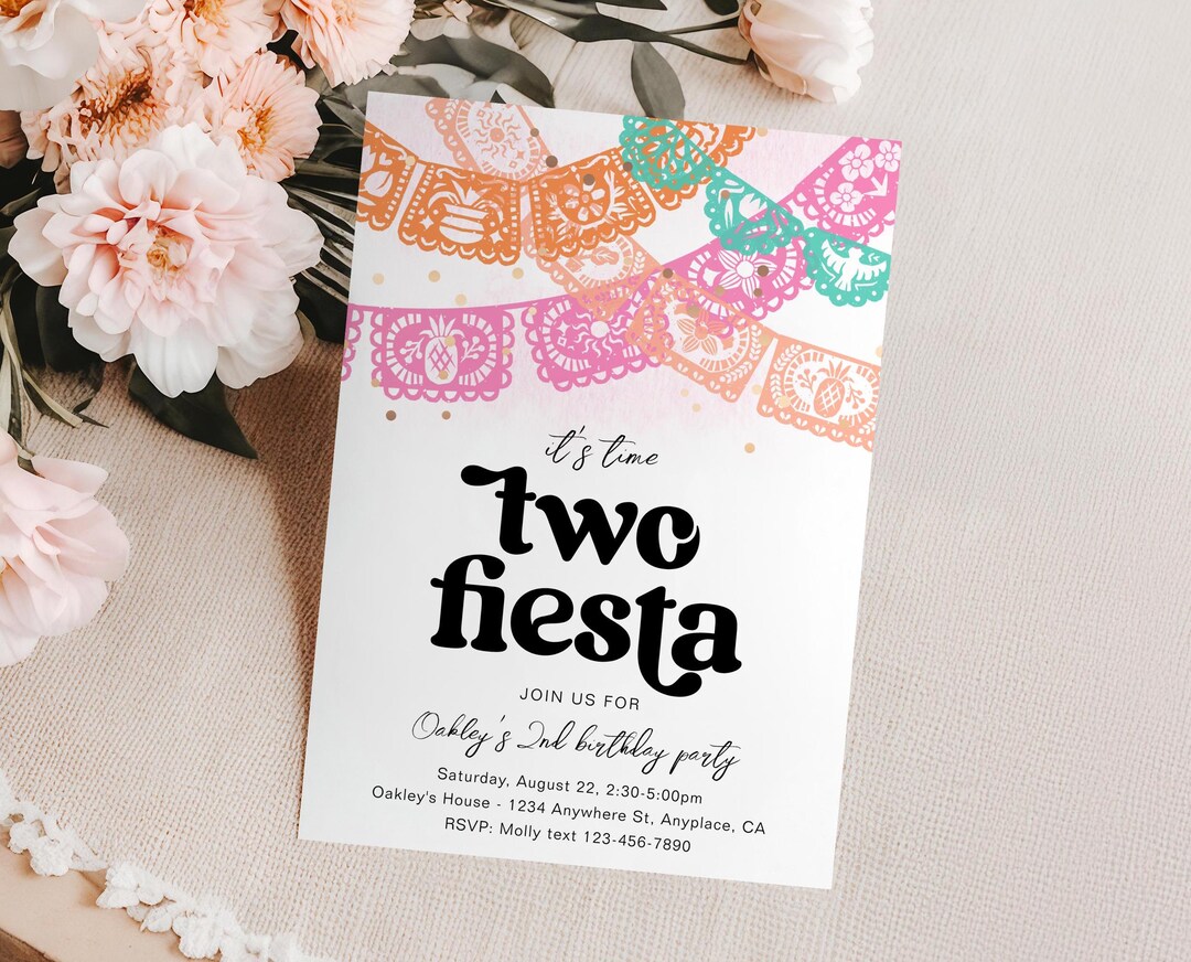 It's Time TWO Fiesta Birthday Invitation, Girl's Papel Picado Birthday ...