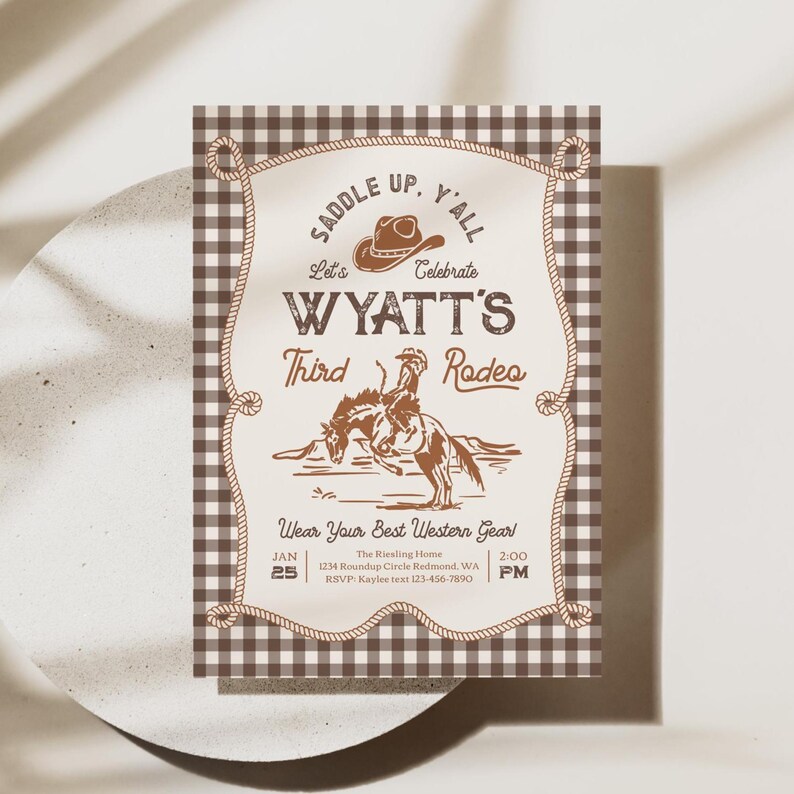 Brown Gingham Rodeo Invitation | Rope Cowboy Birthday Invite | Digital ...