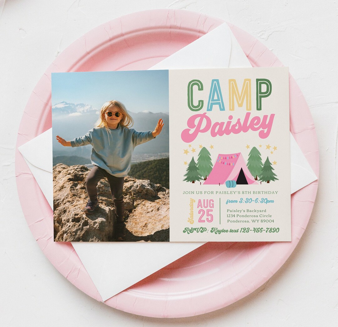 Girl's Photo Camping Birthday Invitation, Girl's Campout Invitation ...