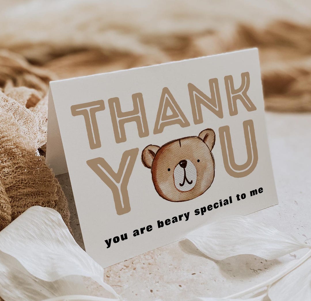 Digital Folded Bear Thank You Card, Bear Thank You Card, Plaid Bear ...
