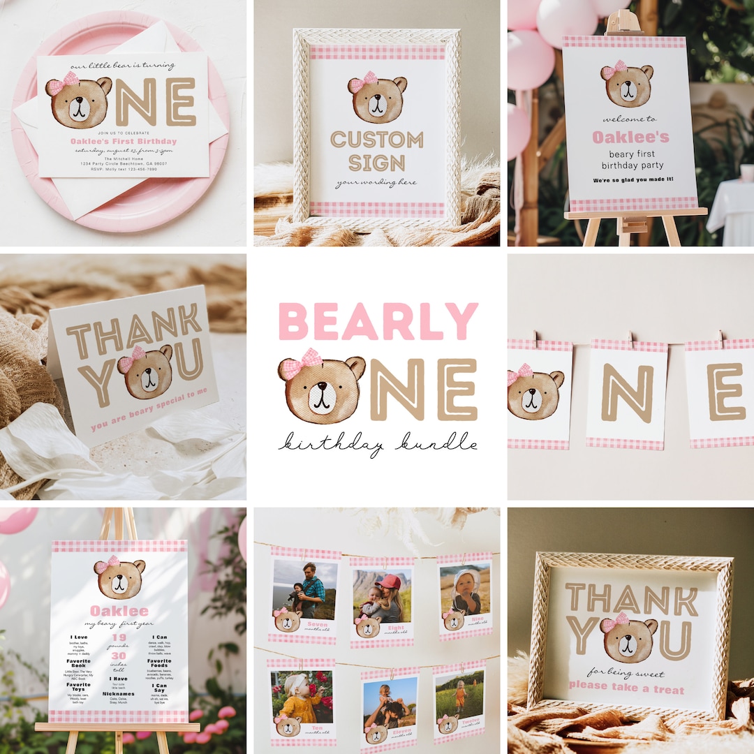 Girly Bear First Birthday Bundle, Girl's Beary First Birthday Party ...