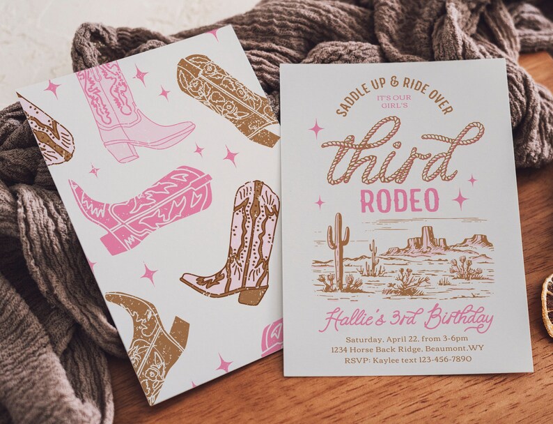 Cowgirl Third Birthday Invitation, Girl's Third Rodeo Invitation, Girl ...