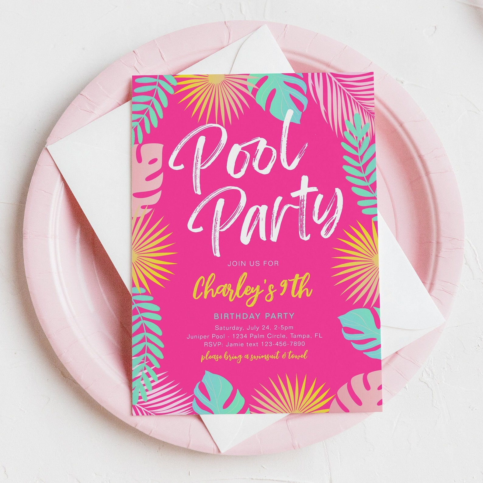 Hot Pink Pool Party Invitation, Digital Pool Party Invitation, Backyard ...