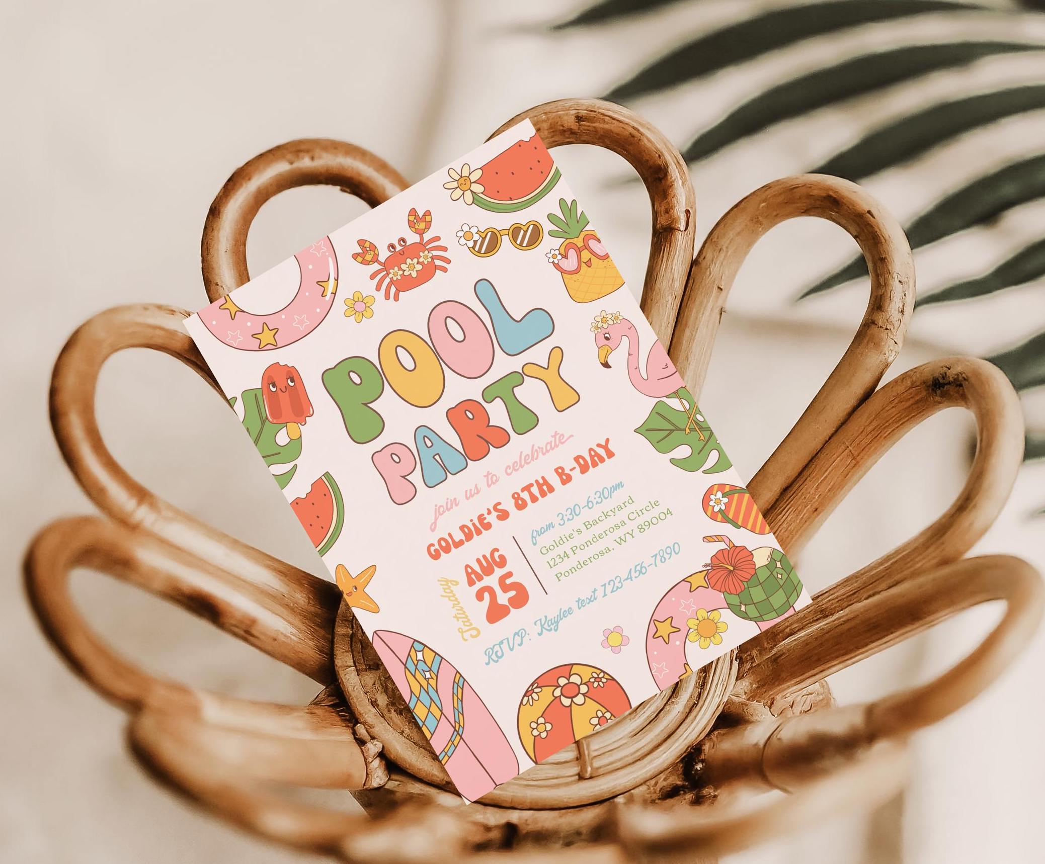 Retro Pool Party Invitation, Groovy Pool Birthday Invitation, Summer ...