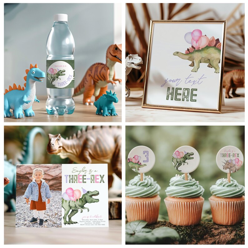 Three-rex Birthday Bundle, Dinosaur Birthday Bundle, Printable Dinosaur ...