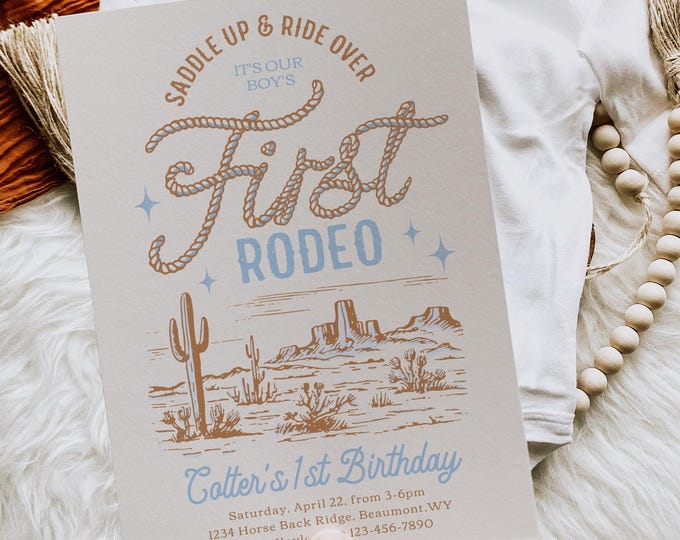 First Rodeo Birthday Invitation, Cowboy Birthday Invitation, Blue ...