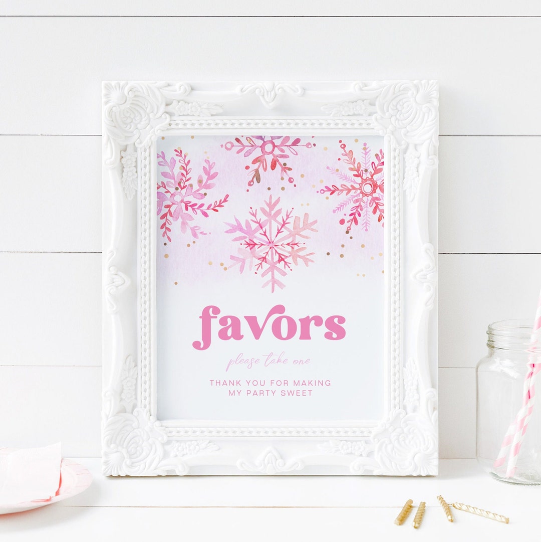 Girl's Winter Party Favors Sign, Pink Winter Sign, Pink Snowflake ...