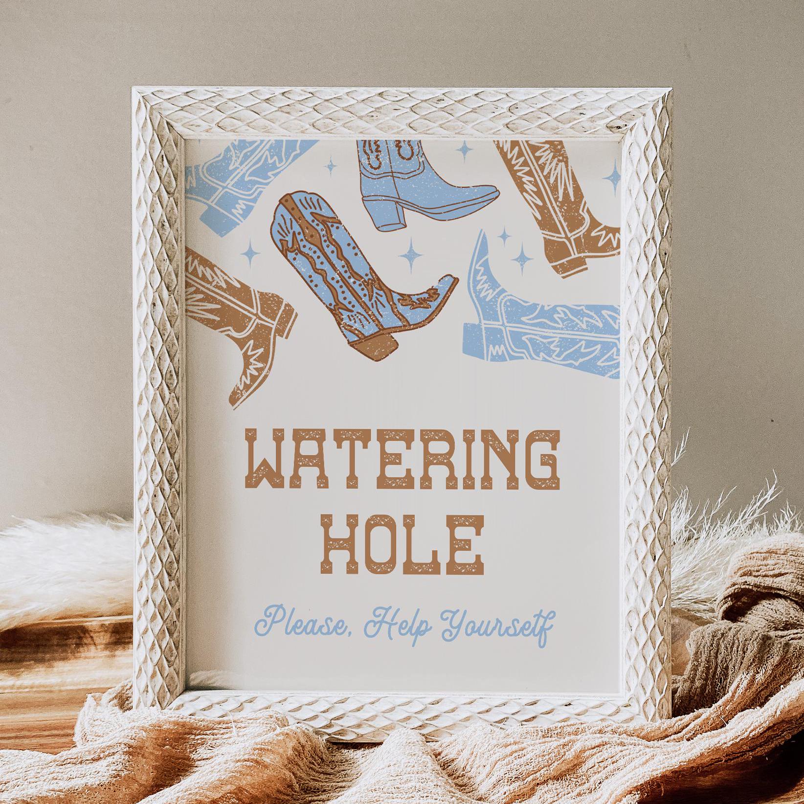 Western Watering Hole Sign, Blue Western Party Signs, Cowboy Boot Sign ...