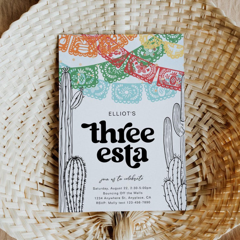 Three Esta Birthday Party Invitation, Third Birthday Fiesta, Cactus ...