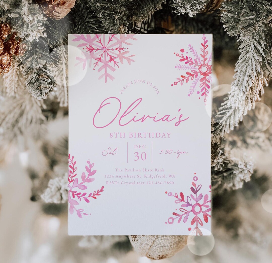 Pink Winter Birthday Party Invitation, Girl's Snowflake Birthday ...