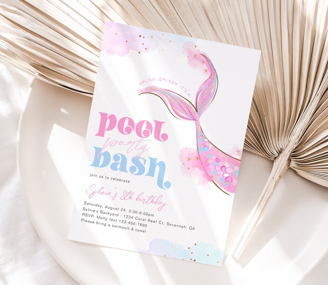 Mermaid Pool Party Invitation, Girl's Pool Party Invitation, Girl's ...