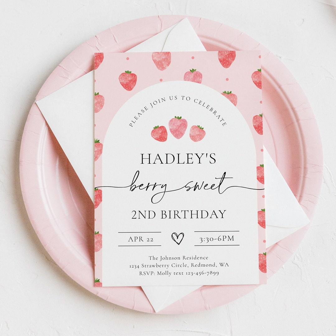 Watercolor Strawberry Birthday Invitation, Digital Strawberry ...
