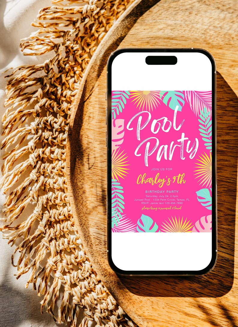 Hot Pink Pool Party Invitation, Digital Pool Party Invitation, Backyard ...