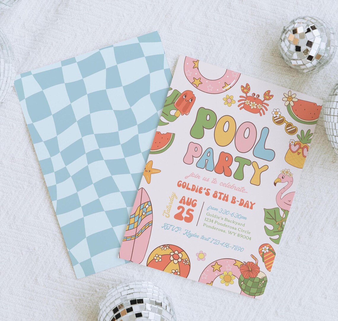 Retro Pool Party Invitation, Groovy Pool Birthday Invitation, Summer ...