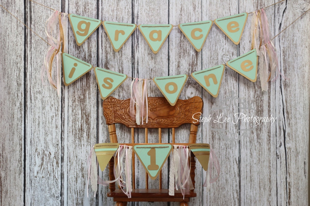 SET Pink Mint Gold 1st First Birthday Name Banner, Winter Onederland ...