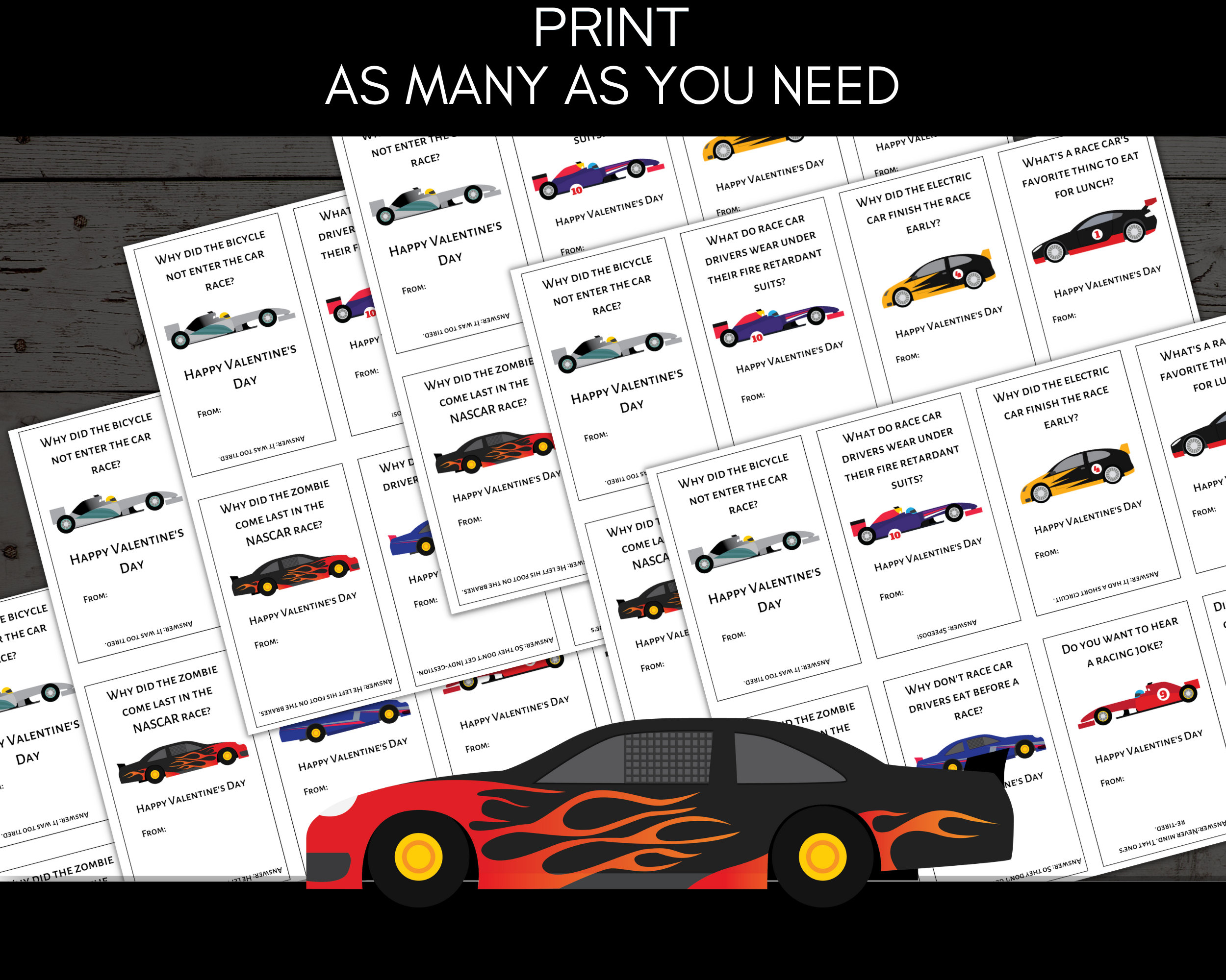Racing Car Joke Valentine Cards - Classroom Valentines - Valentines Day ...